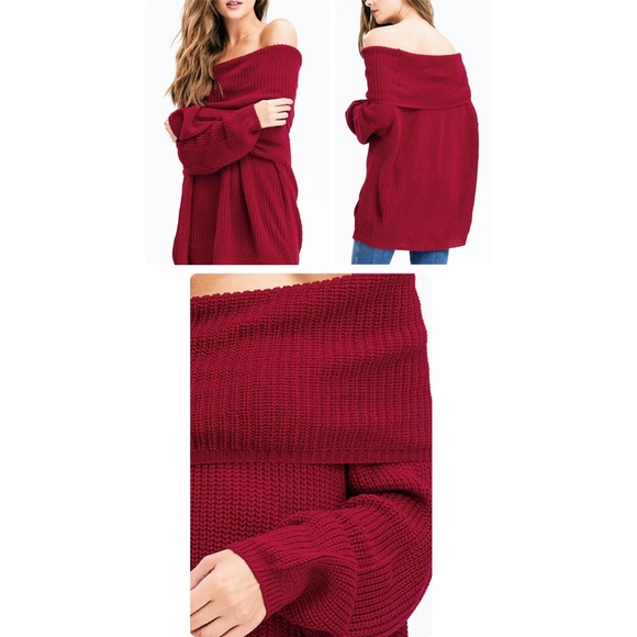 FT Style | Sweaters | Bordeaux Red Off Shouldercowl Neck Cozy Sweater ...